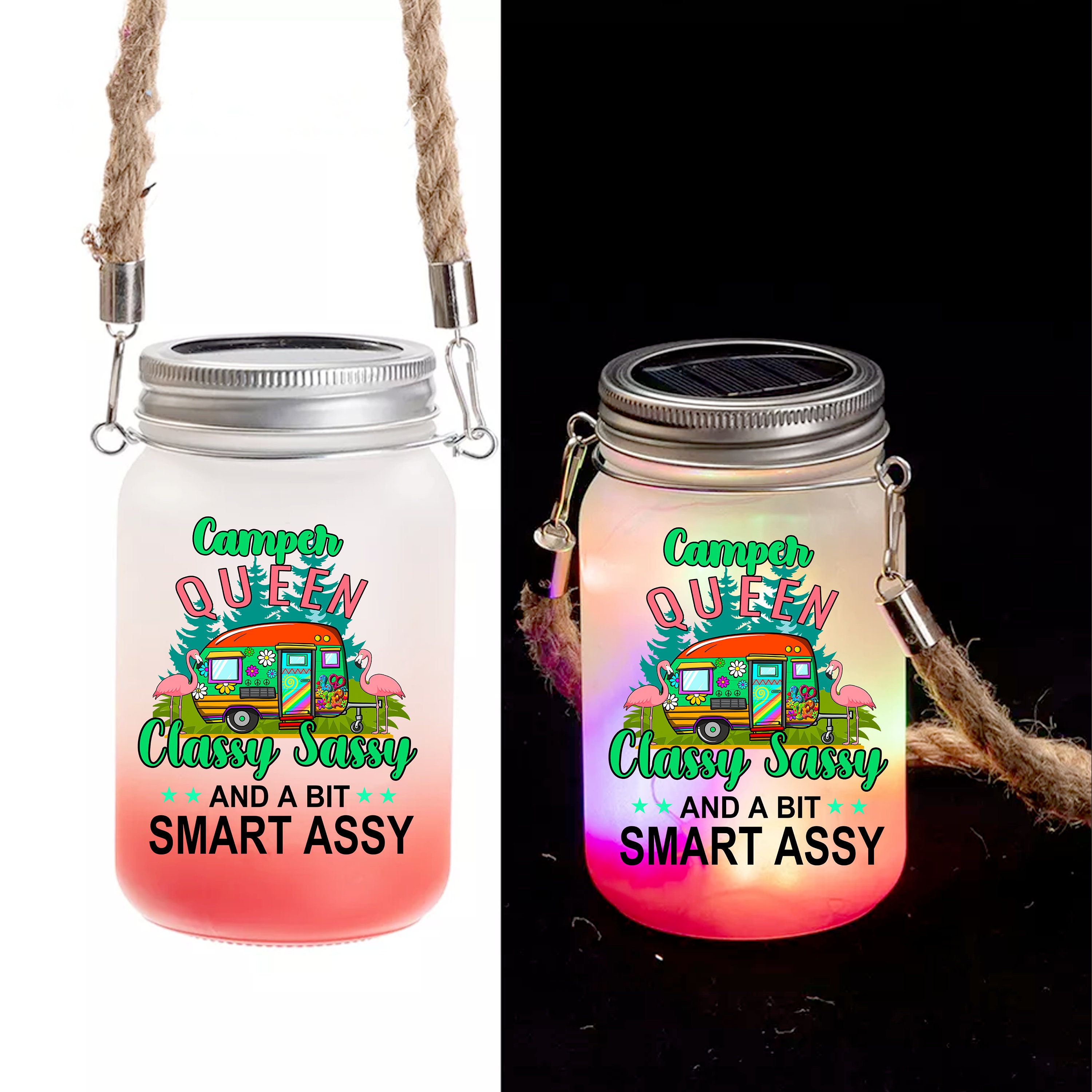 Fairy Light Mason Jar Lantern: "camper Queen" Frosted Glass Decor - Etsy