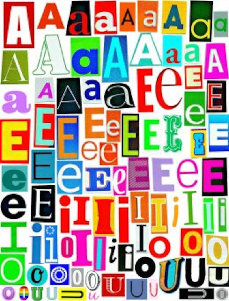 Letras recortadas de revista: Hoja de collage de vocales multicolor ...