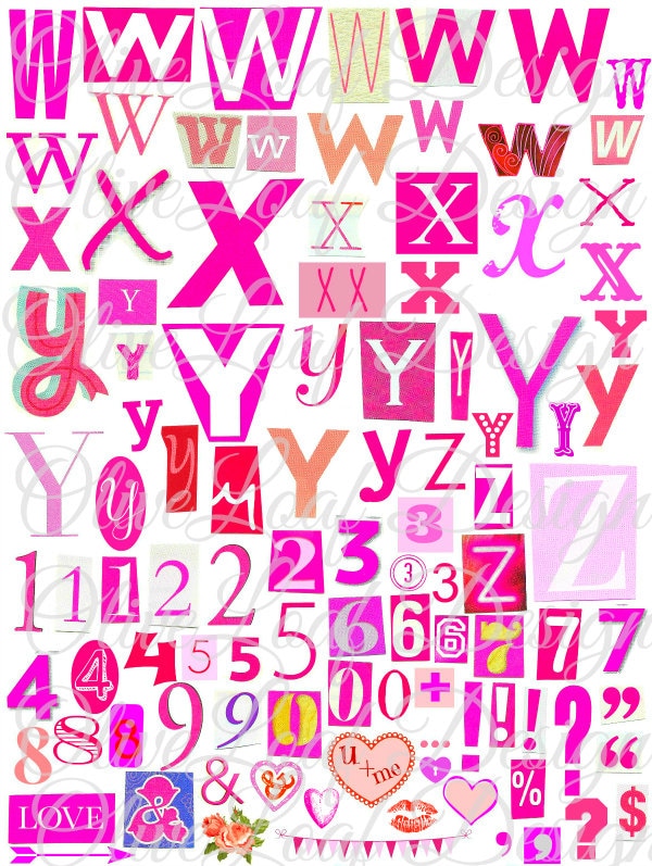 Pink Printable Digital Alphabet, A to Z, Symbols and Numbers, Valentine ...