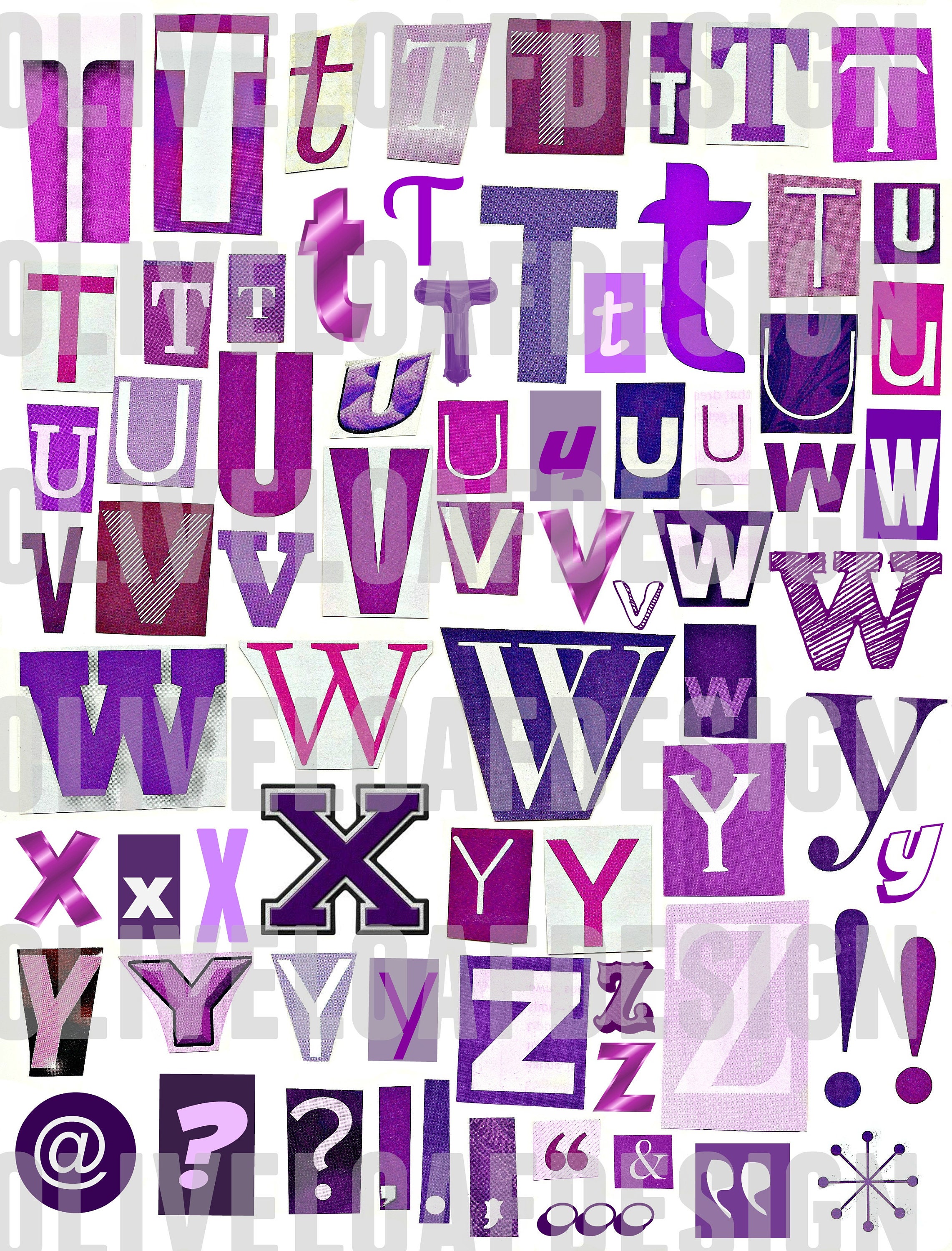 Purple Printable Digital Alphabet, A to Z, Symbols, Magazine Letters ...