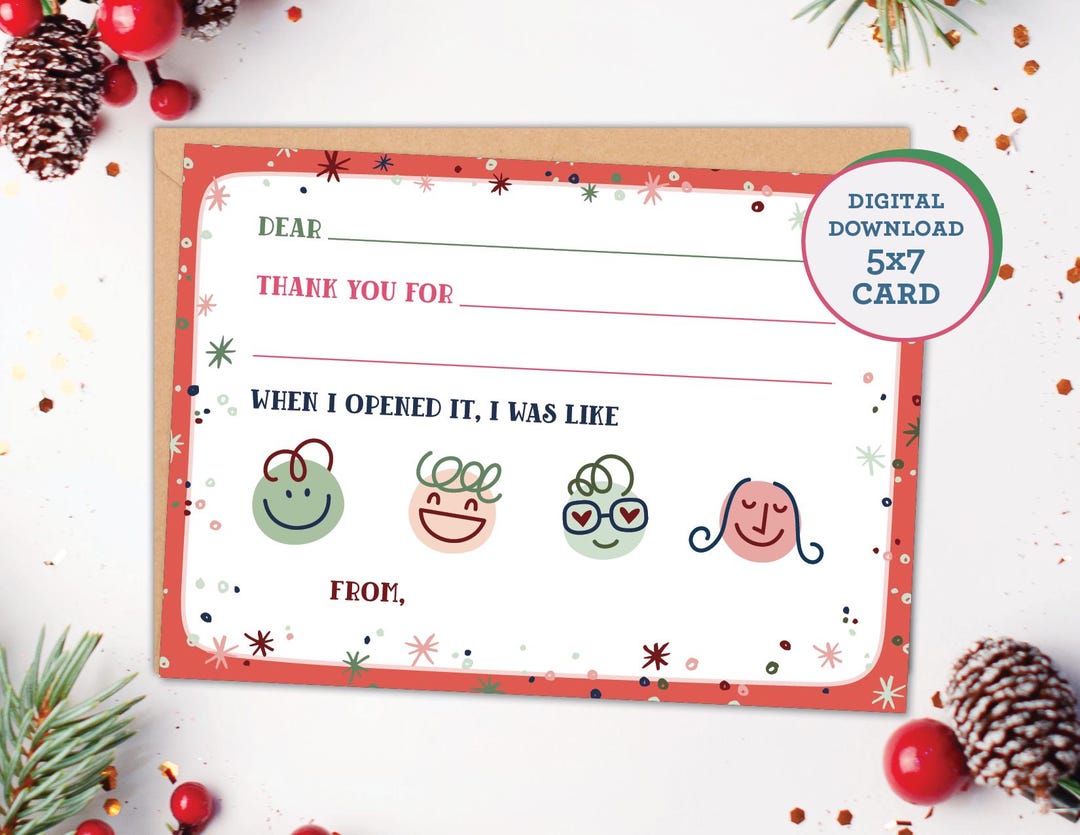 Kids Holiday Printable Fill in the Blank Thank You Card | Instant ...