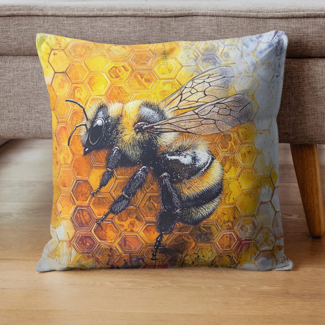 Honeybee and Honeycomb Decorative Pillow, Golden Yellow Design, Bee ...