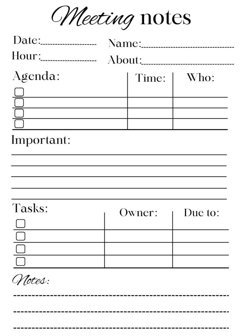 Meeting Notes/ Work Sheets/ Work Printables/ Notes Printable/ Editable ...
