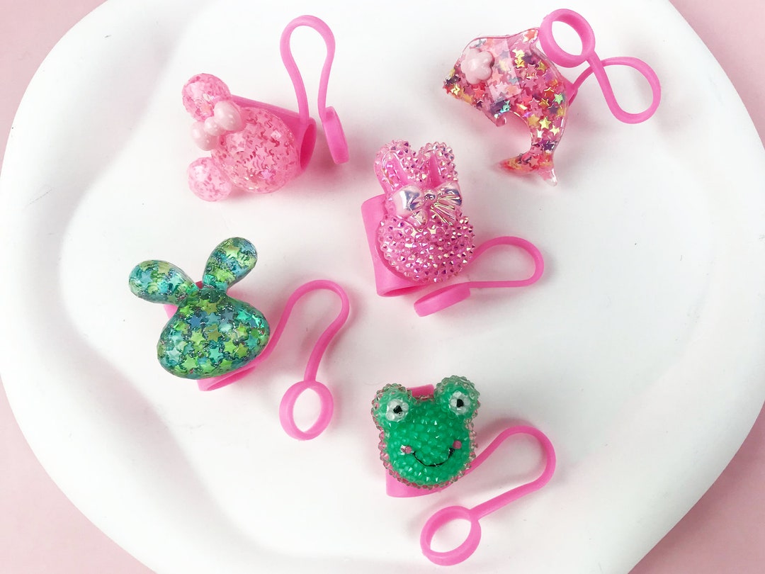 5PC Set Glitter Animal Straw Toppers | Pink Silicone Straw Cover ...