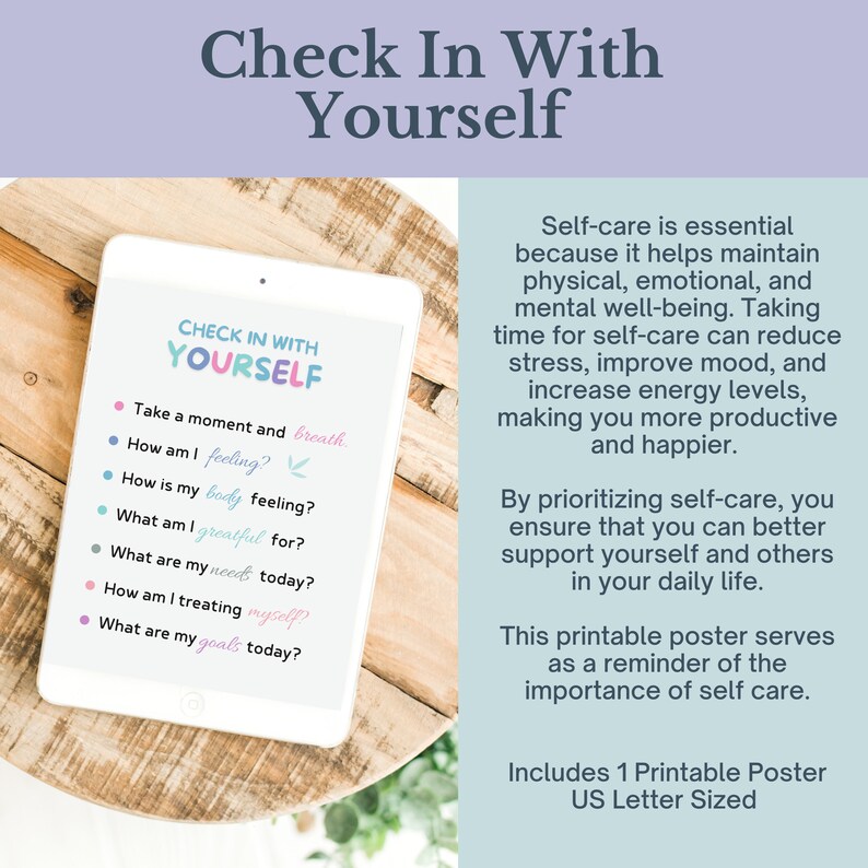Self-care Check in Poster - Anxiety Relief, Stress Management & Mental ...