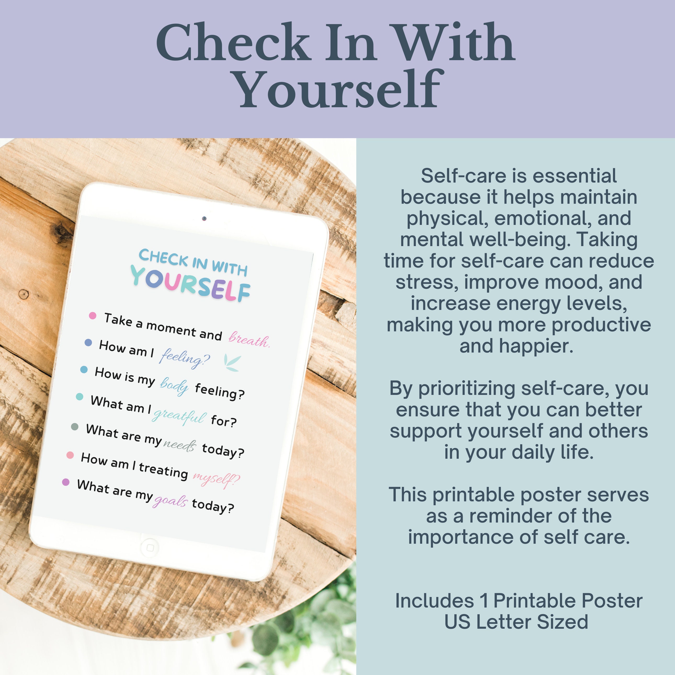 Self-care Check in Poster - Anxiety Relief, Stress Management & Mental ...
