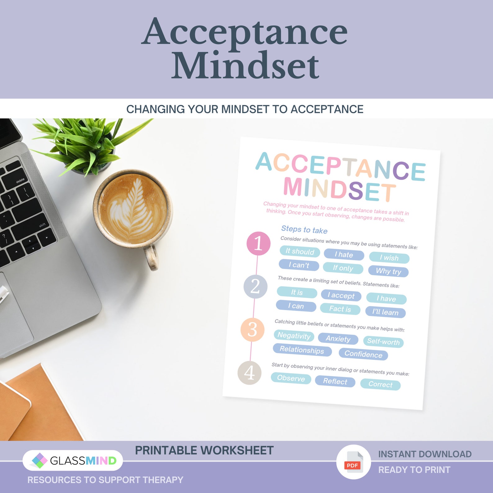 Acceptance Mindset Worksheet for Emotional Wellness and Wellbeing ...