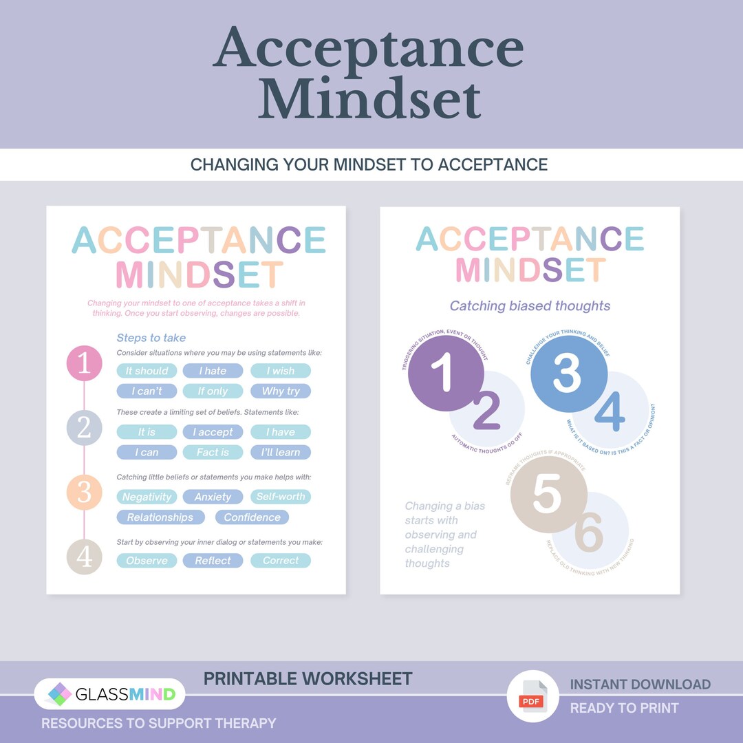 Acceptance Mindset Worksheet for Emotional Wellness and Wellbeing ...