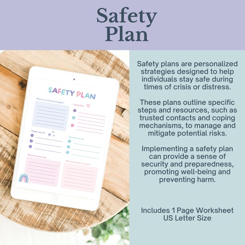 Printable Safety Crisis Plan Worksheet: Therapy Aid, School Counselor ...