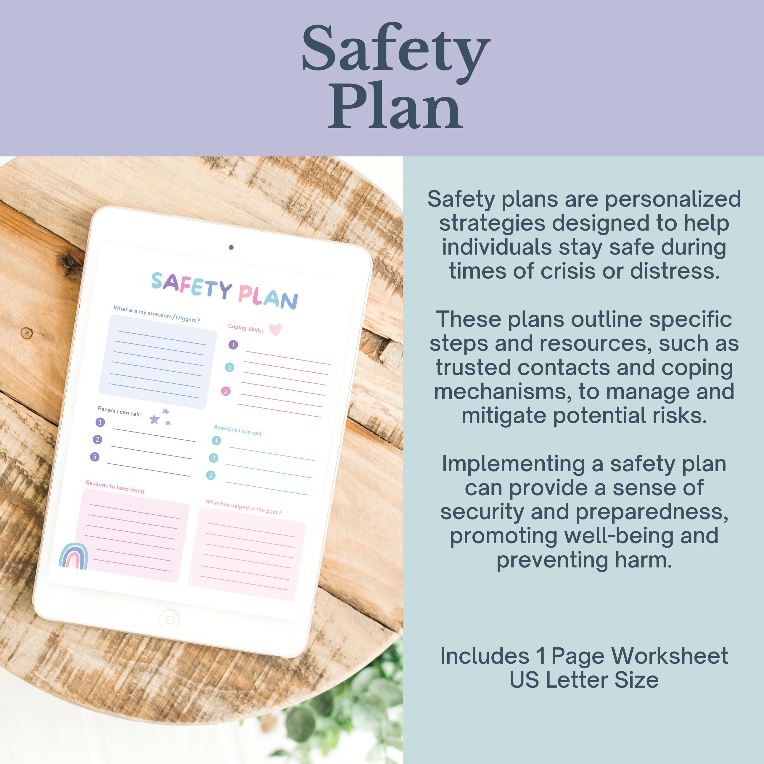 Printable Safety Crisis Plan Worksheet: Therapy Aid, School Counselor ...