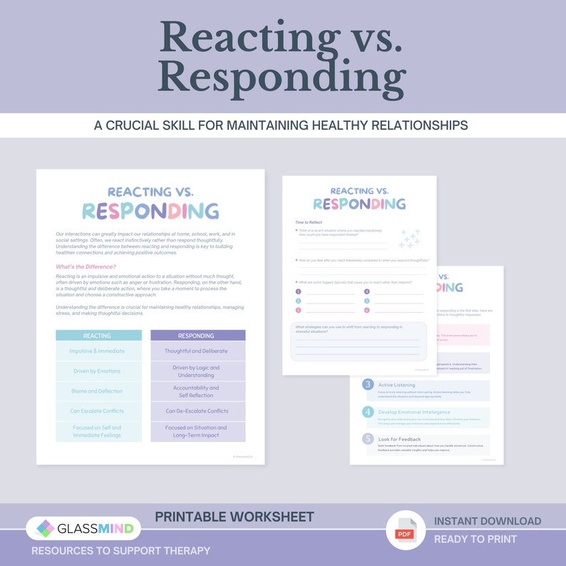 Reacting Vs. Responding Worksheet for Communication Style, Couples ...