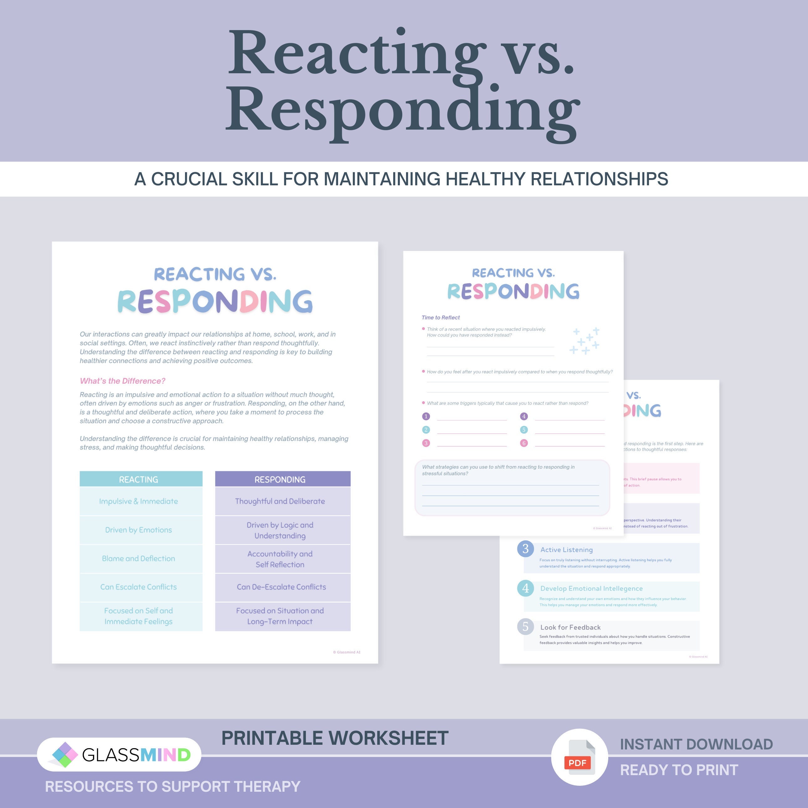 Reacting Vs. Responding Worksheet for Communication Style, Couples ...