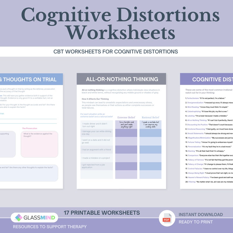 Cognitive Distortions CBT Worksheets Pack for Reframing Thoughts ...
