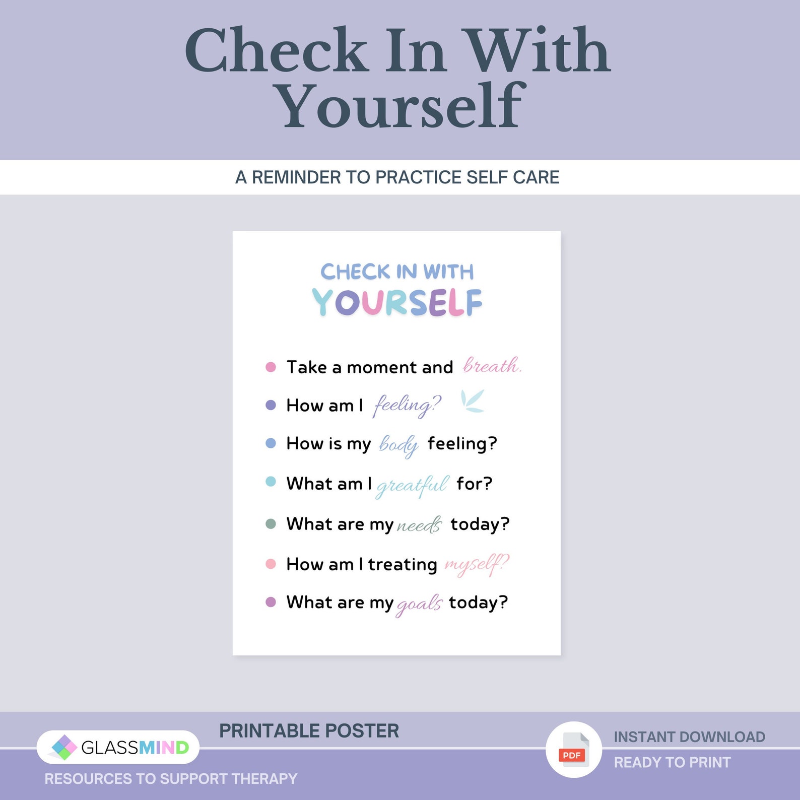 Self-care Check in Poster - Anxiety Relief, Stress Management & Mental ...