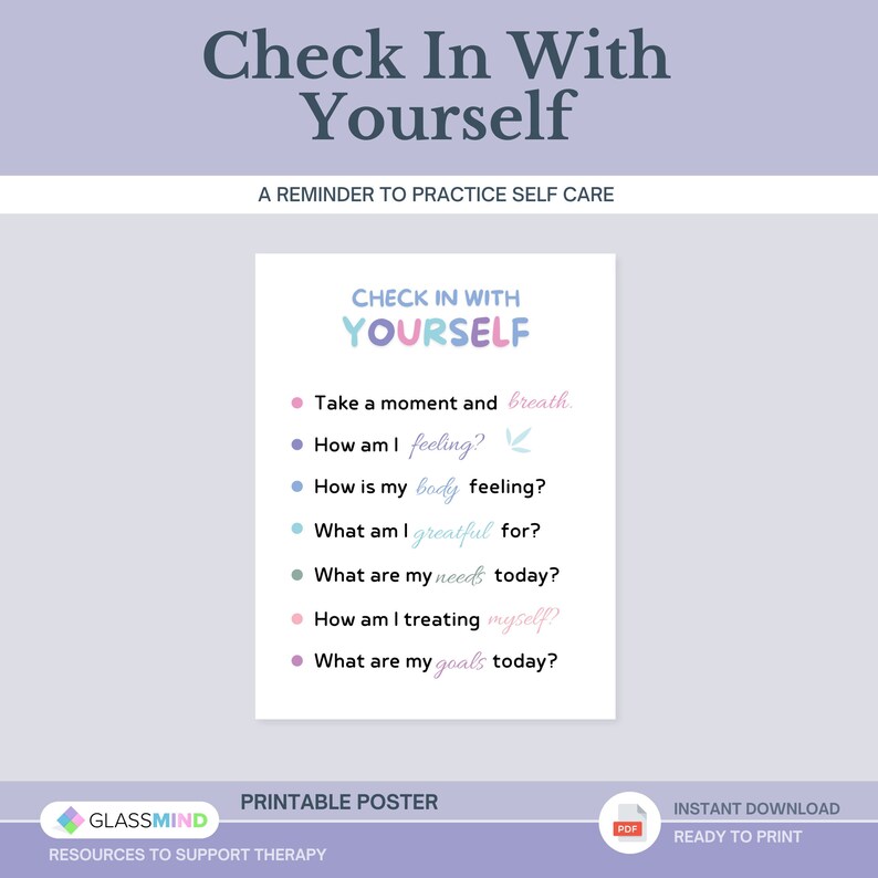 Self-care Check in Poster - Anxiety Relief, Stress Management & Mental ...