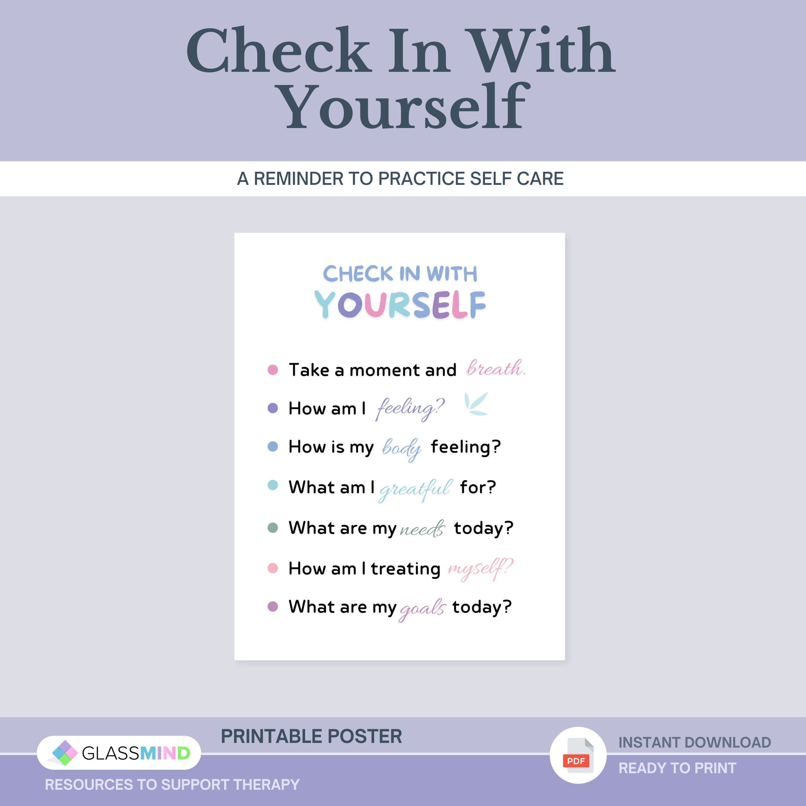 Self-care Check in Poster - Anxiety Relief, Stress Management & Mental ...