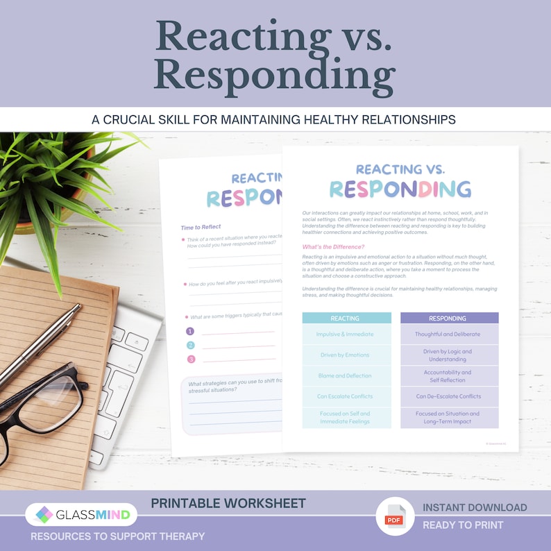 Reacting Vs. Responding Worksheet for Communication Style, Couples ...