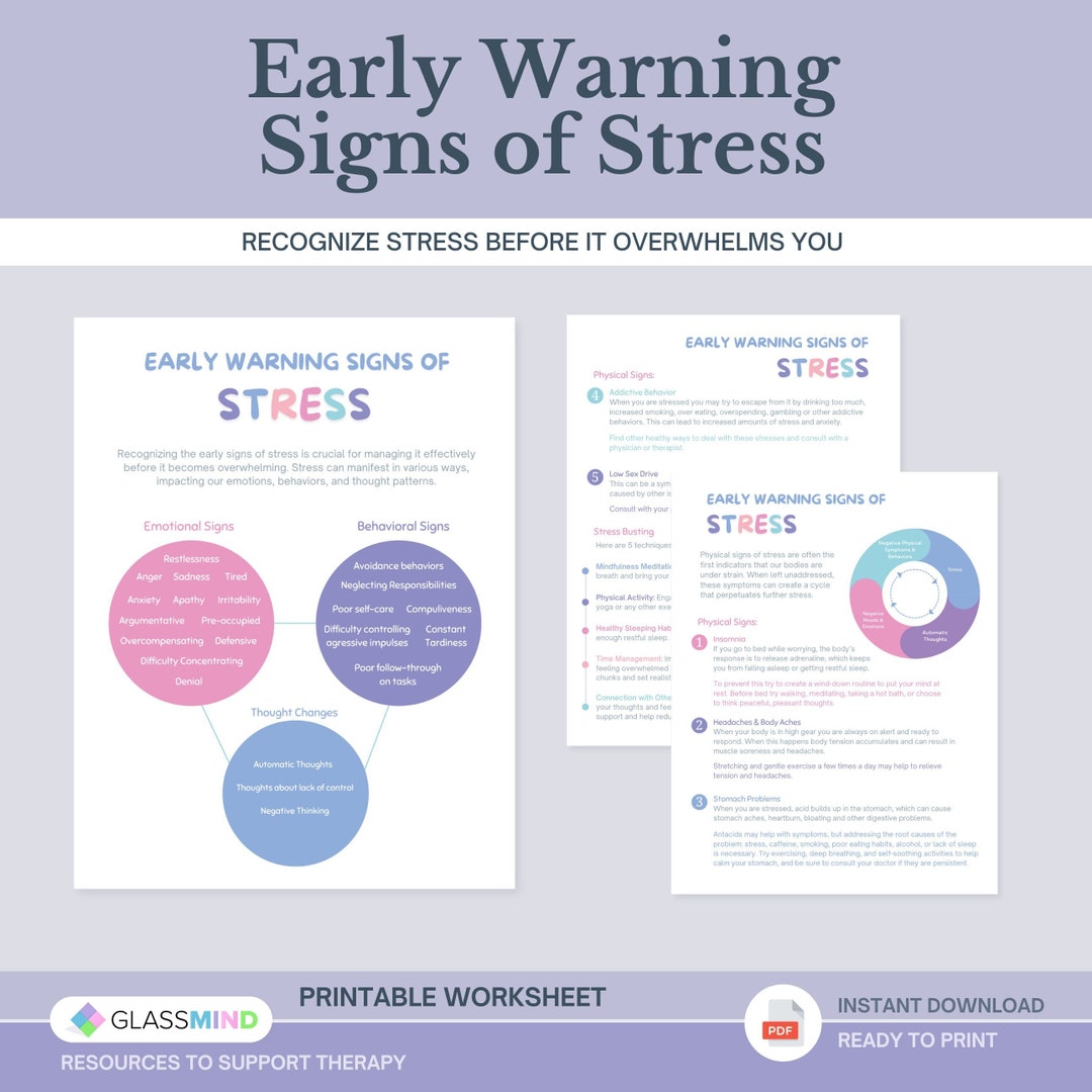 Anxiety Relief Worksheet: Early Warning Signs of Stress, Physical and ...