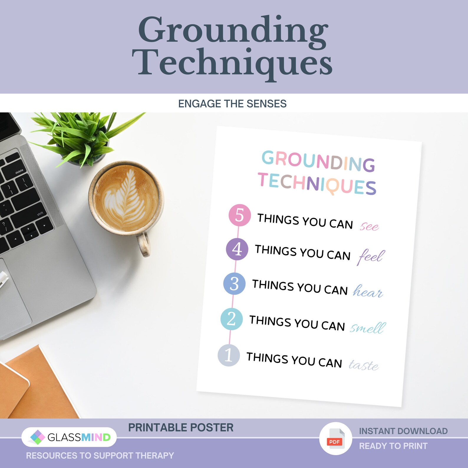 Anxiety Relief Printable Grounding Techniques Poster for Stress ...