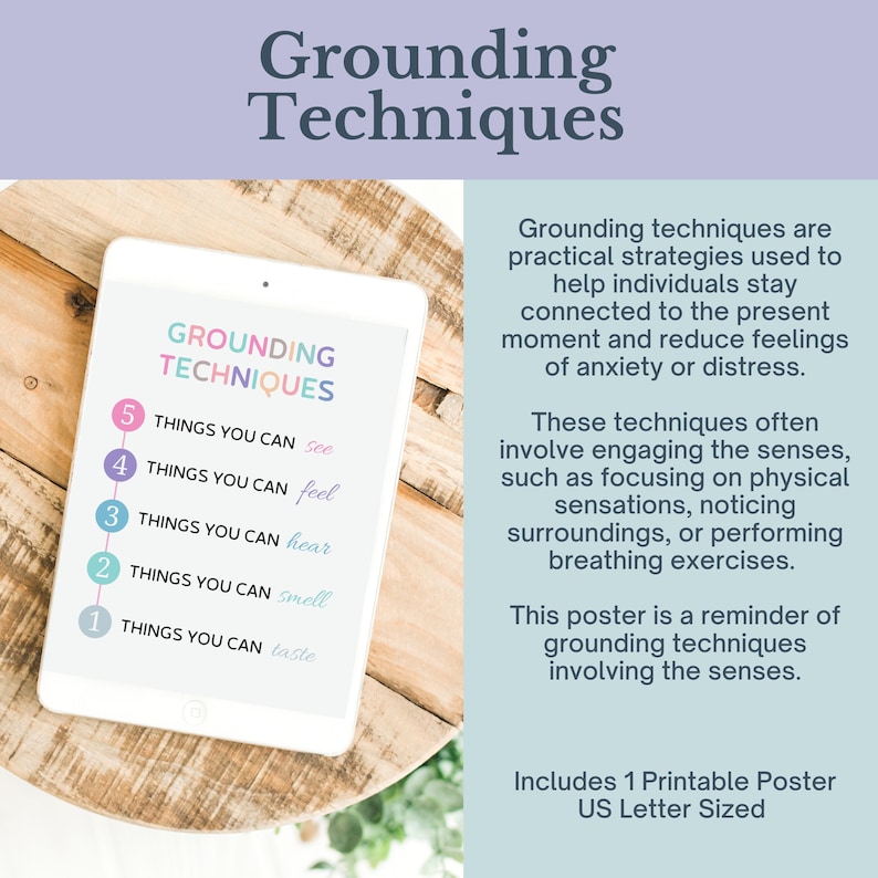 Anxiety Relief Printable Grounding Techniques Poster for Stress ...