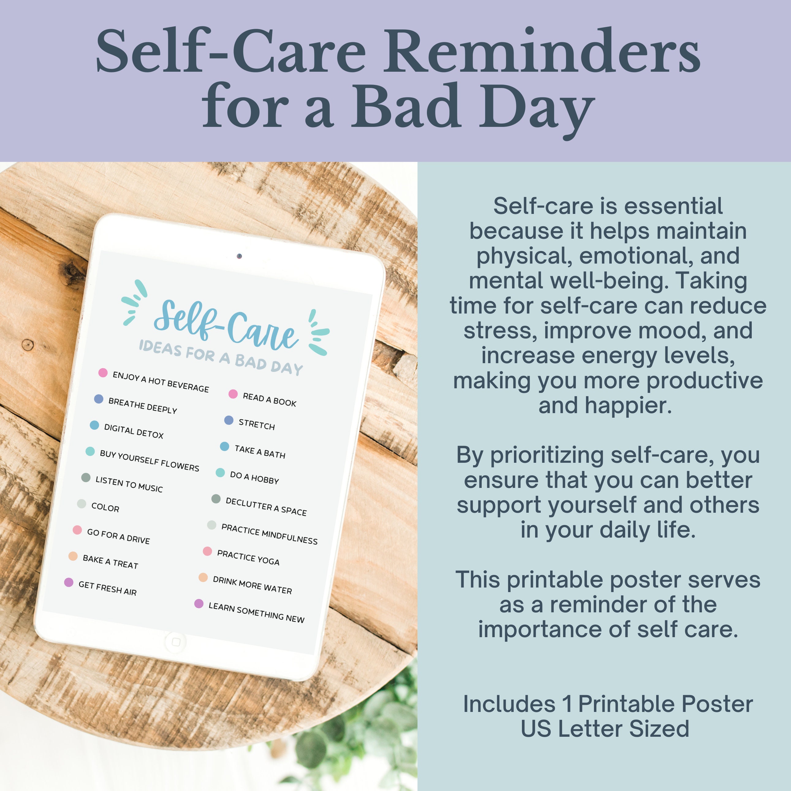 Self-care Ideas Printable Poster: Mental Health, Stress Relief and ...