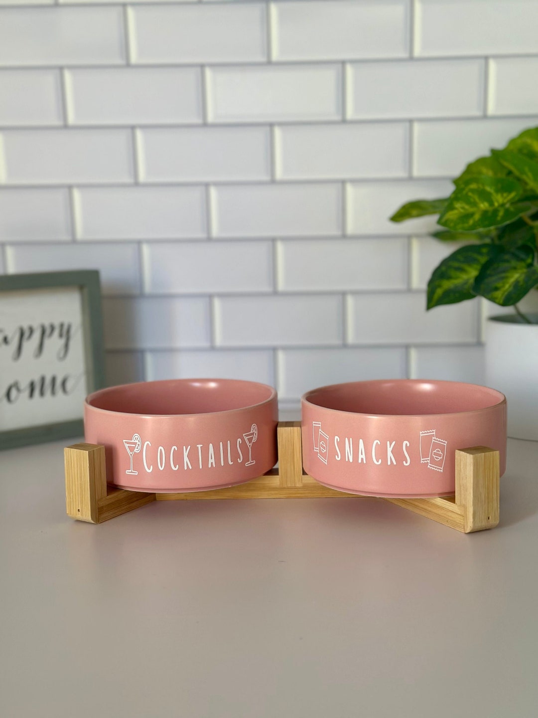 Custom Ceramic Cat Bowl Set Elevated Wooden Stand Personalized Cat Bowl ...