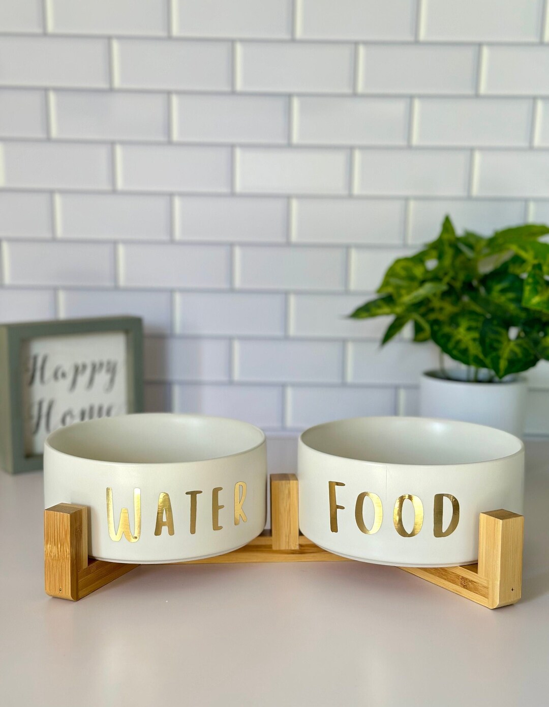 Custom Ceramic Cat Bowl Set Elevated Wooden Stand Personalized Cat Bowl ...
