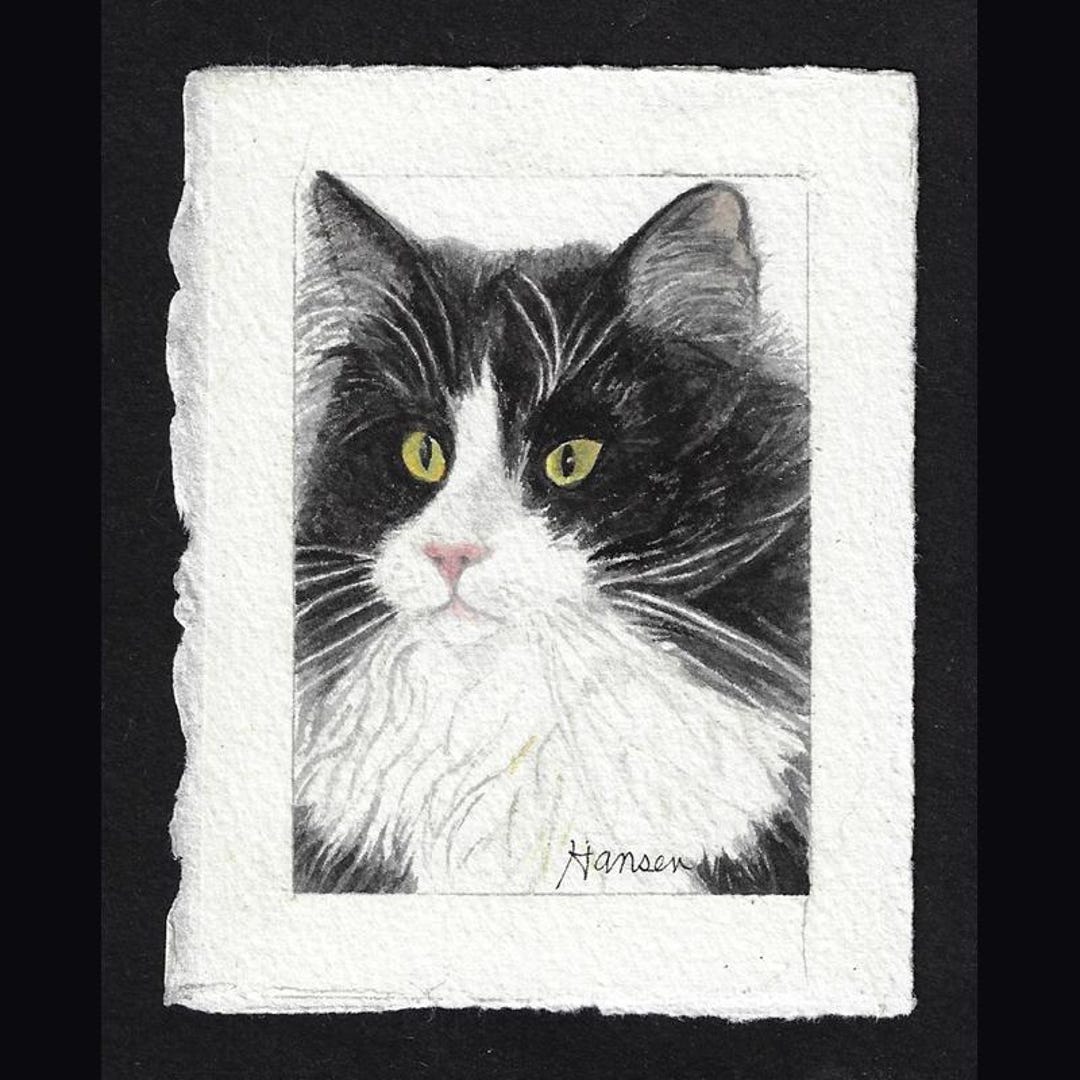 ACEO Original Black & White TUXEDO CAT Watercolor Painting With Mat ...