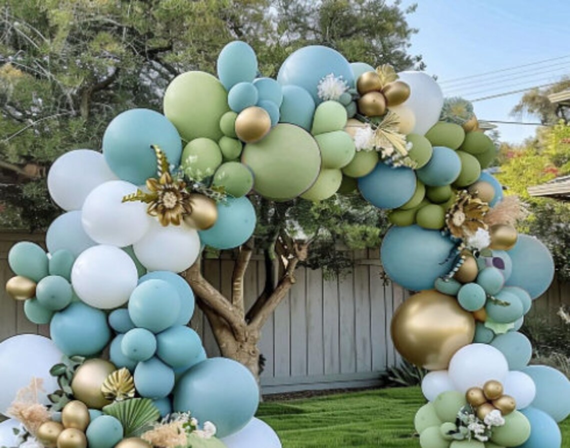 Dusty Blue Green Balloon Garland Double Stuffed Olive Green Blue White Balloon Arch Kit for ...