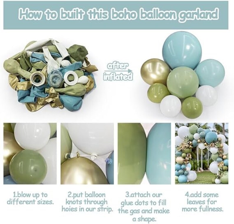 Dusty Blue Green Balloon Garland Double Stuffed Olive Green Blue White Balloon Arch Kit for ...