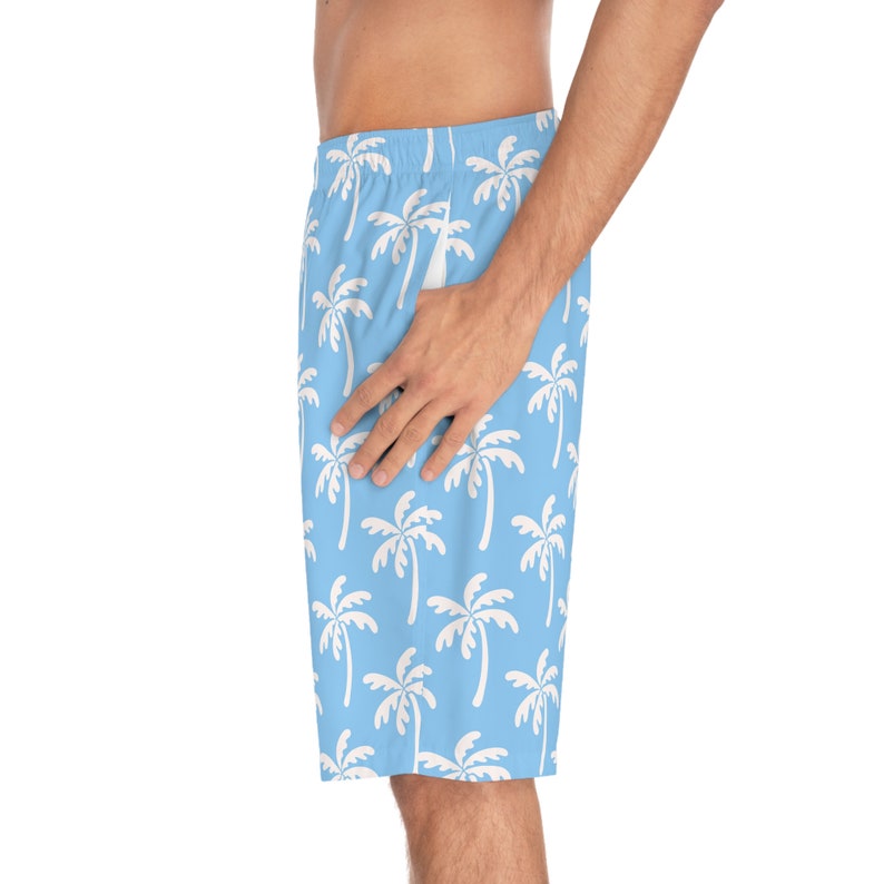 Palm Tree Themed Men's Board Shorts AOP Beach Surf Blue White Island ...
