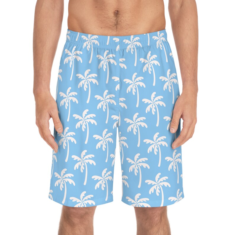 Palm Tree Themed Men's Board Shorts AOP Beach Surf Blue White Island ...