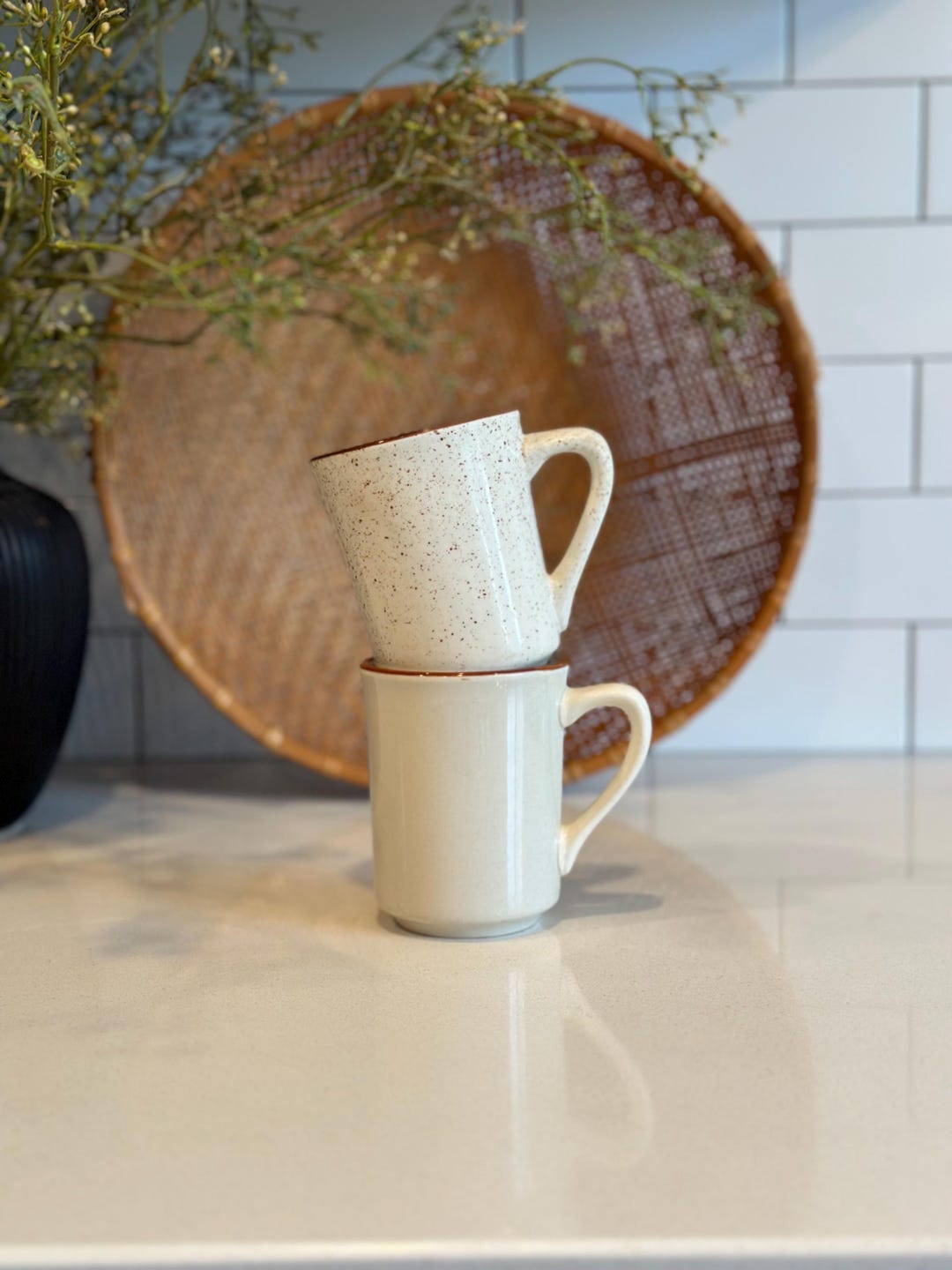 Vintage Speckled Stoneware Mugs – Neutral Cream Coffee Cups, Rustic ...