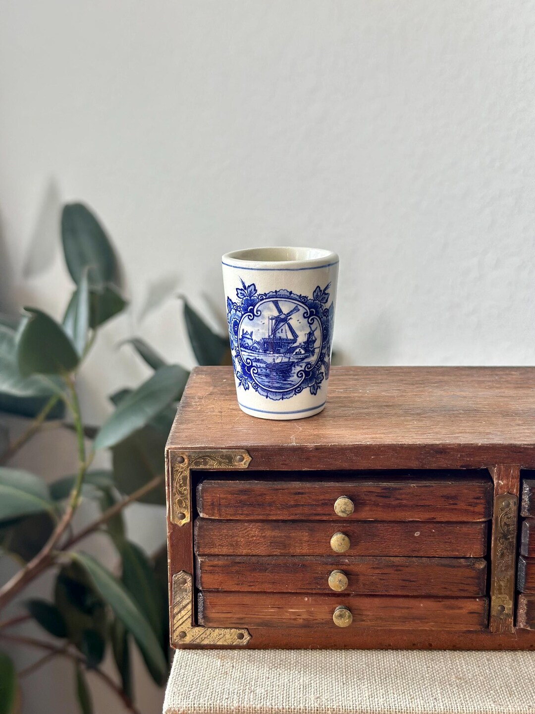 Vintage Heinen Delfts Blauw Mini Cup, Blue Delft Holland Windmill Shot ...