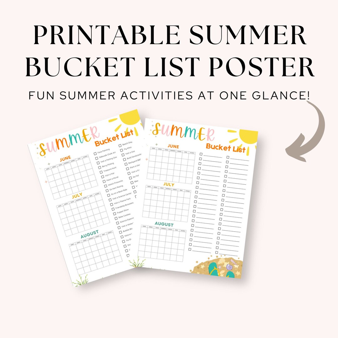 Printable Summer Bucket List Poster Kids' Activity Planner & Countdown ...