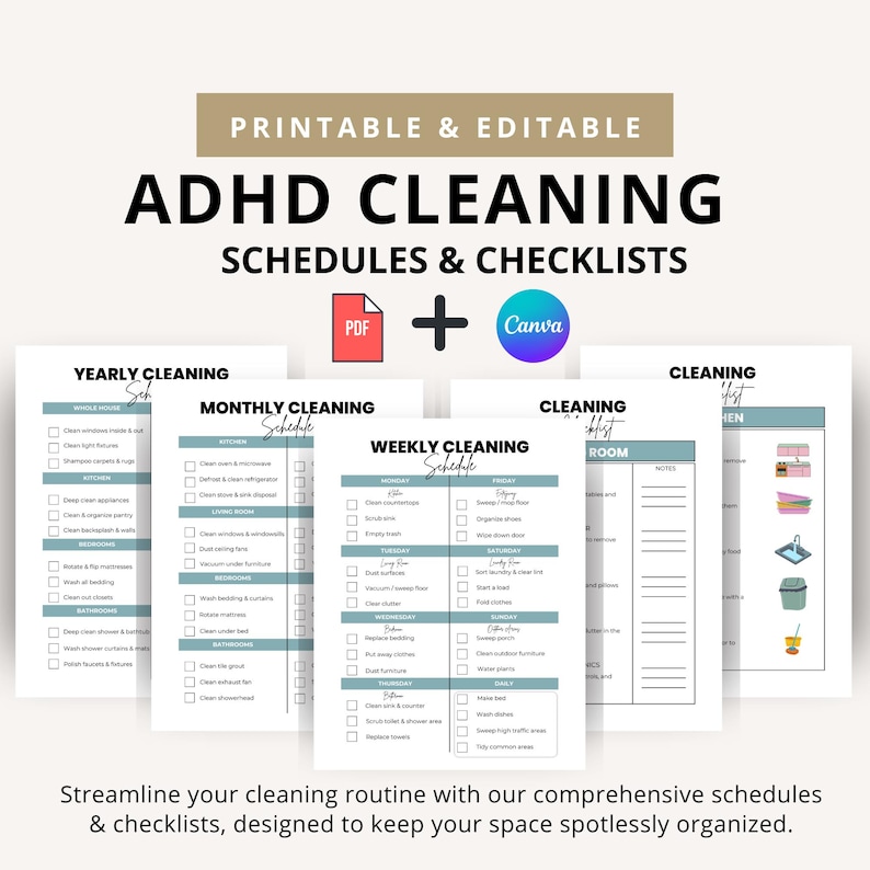 ADHD Cleaning Schedules and Checklists PDF Print & Editable Canva Weekly Monthly Yearly ...