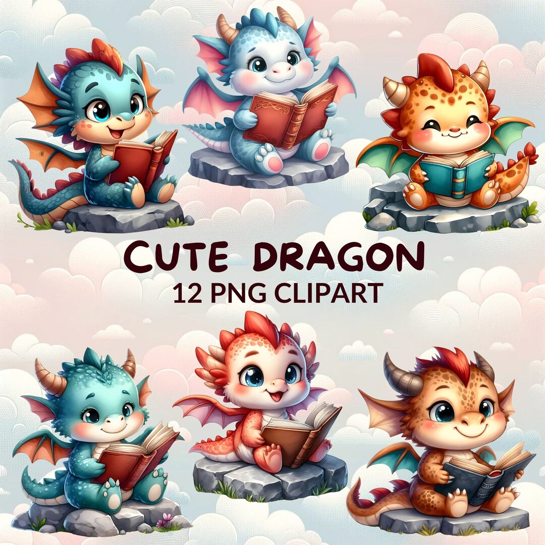 12 Watercolor Dragon Clipart Bundle, Cute Dragon PNG, Read Book, JPG ...