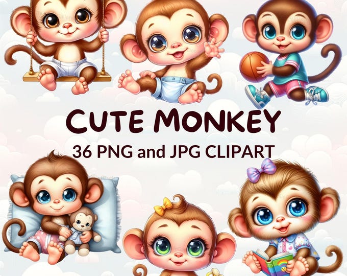12 PNG Baby Monkey Clipart – Watercolor Animal PNG – Nursery Wall Art ...