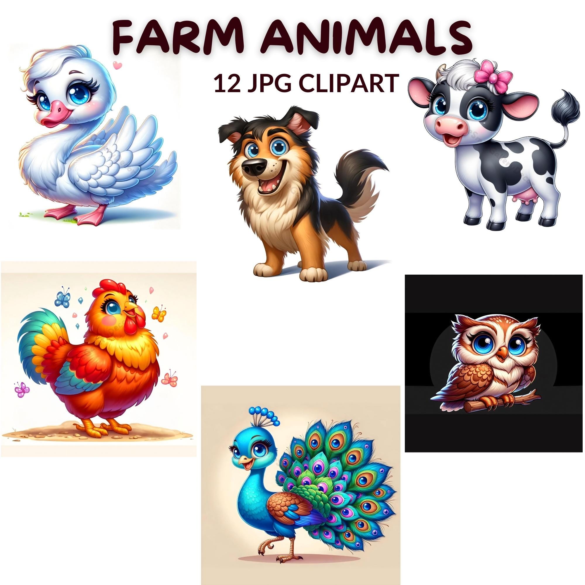 12 Digital Farm Animals Clipart Bundle, Cute Cartoon Animals PNG & JPG ...