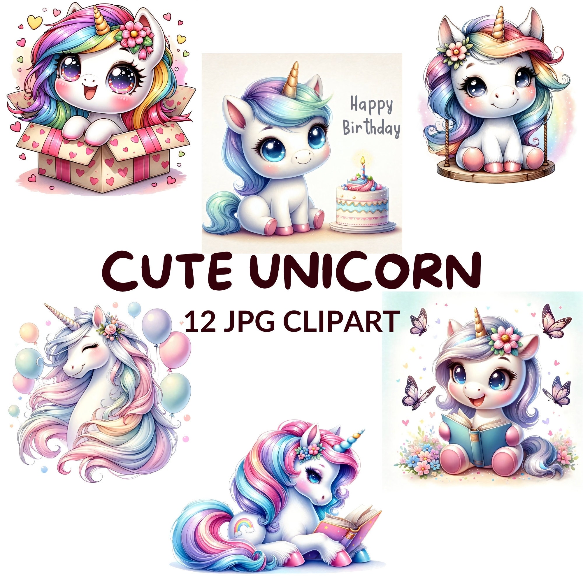 12 Watercolor Cute Unicorn PNG, JPG Files, Unicorn Clipart Bundle ...
