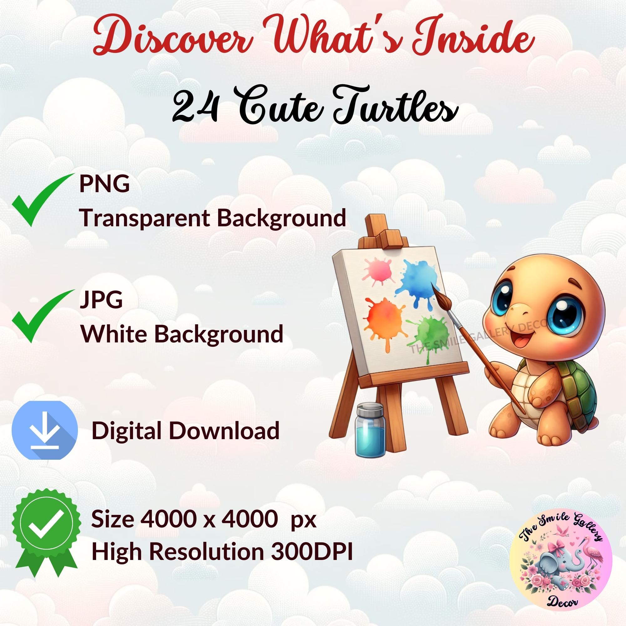 24 Watercolor Cute Cartoon Turtle Clipart Mega Bundle, Turtle PNG & JPG ...