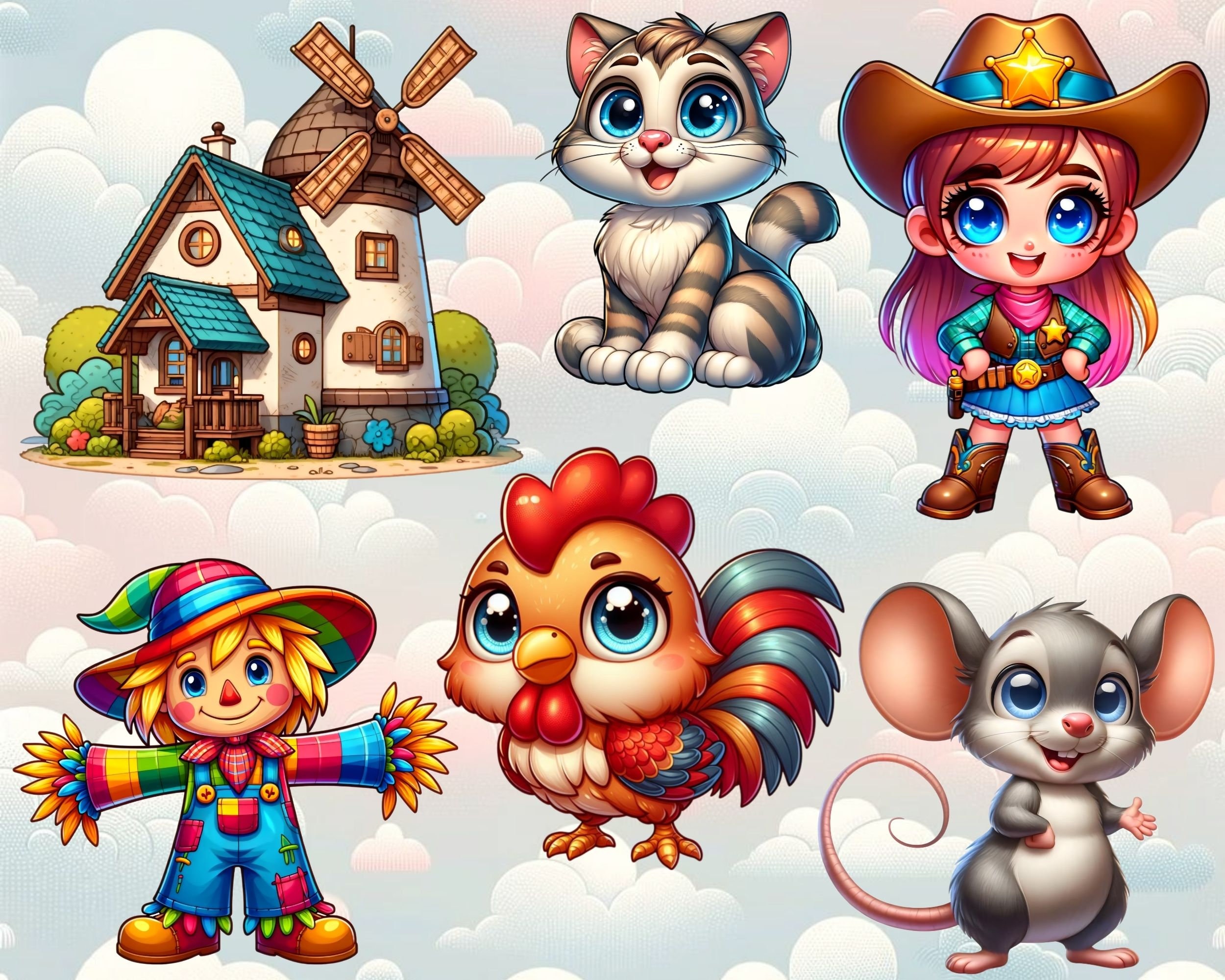 36 Digital Cartoon Farm Animals PNG, Clipart Bundle, Nursery Decor ...