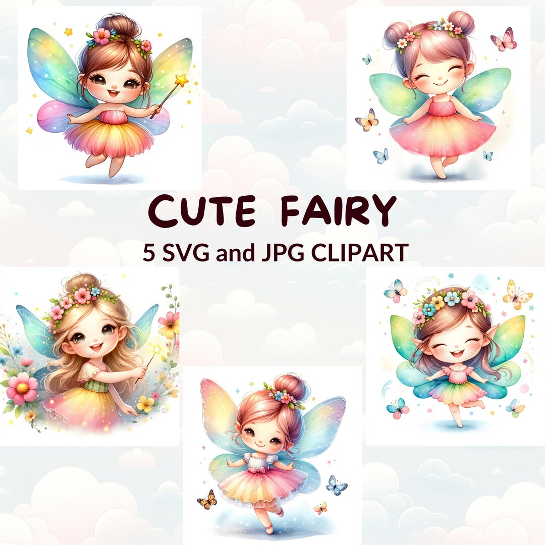 Cute Fairy Clipart Bundle - 5 Fairy SVG & JPG Watercolor Files, Magical ...