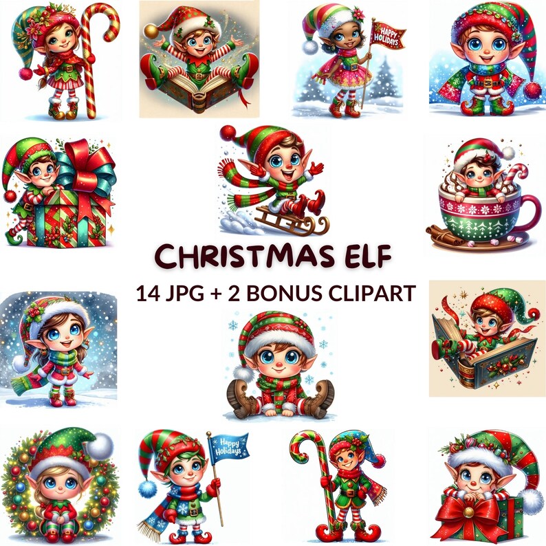 Christmas Elf Clipart Bundle, Cute Watercolor Cartoon Holiday Elves PNG ...