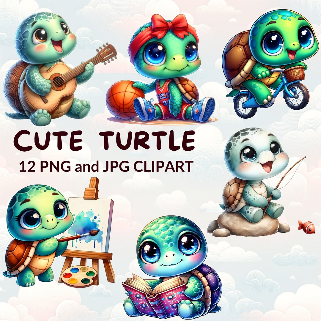 12 Watercolor Cute Cartoon Turtle Clipart Bundle, Turtle PNG, JPG Files ...