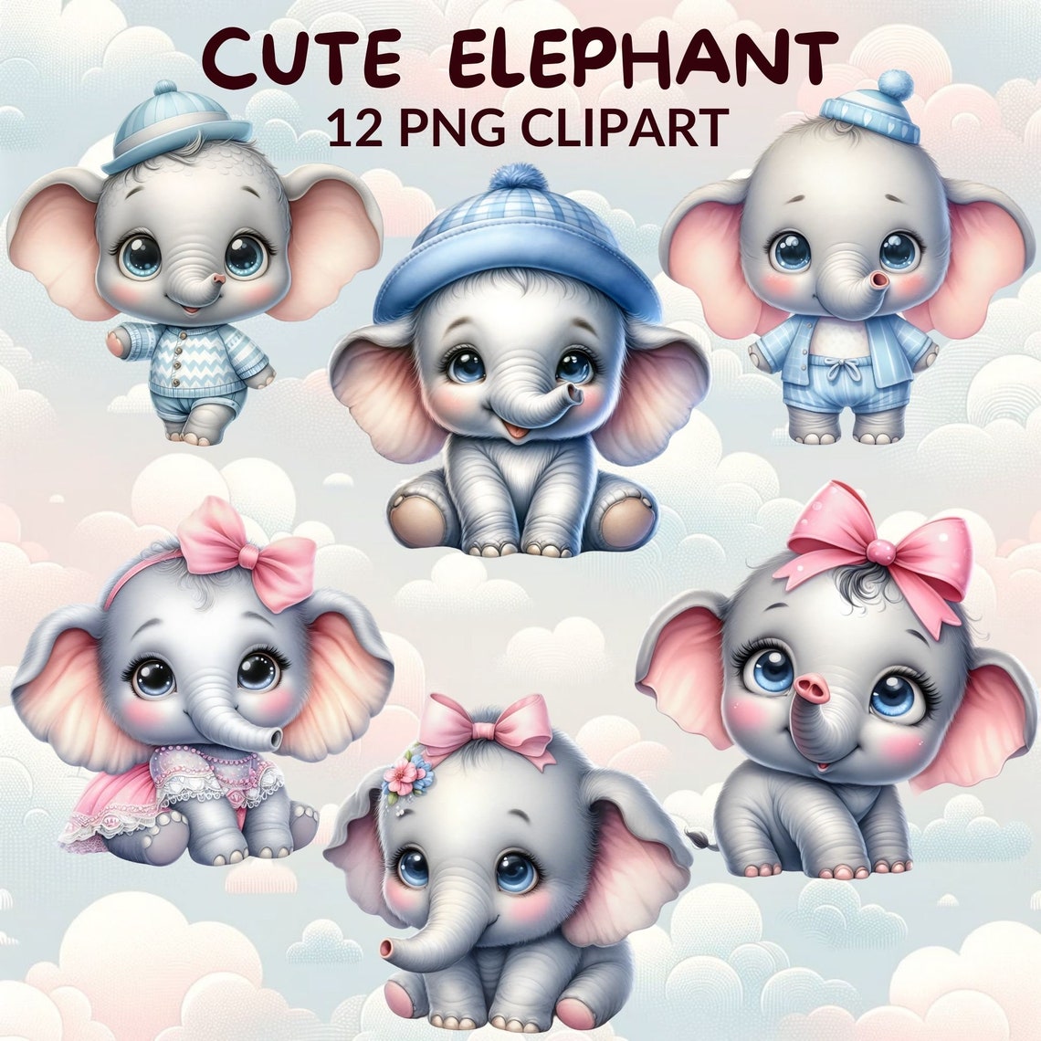 12 Watercolor Elephant Clipart Bundle, Cute Pink and Blue Elephant PNG ...