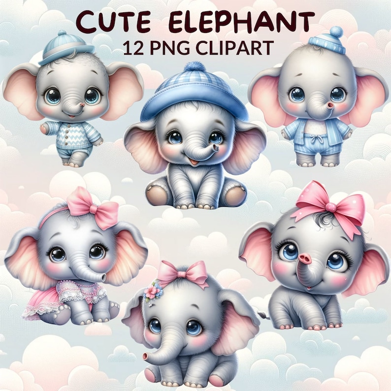 12 Watercolor Elephant Clipart Bundle, Cute Pink and Blue Elephant PNG ...