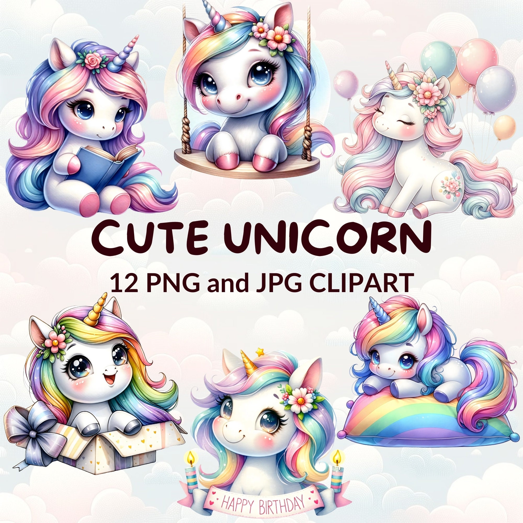 12 Watercolor Cute Unicorn Clipart Bundle, Unicorn PNG, Rainbow Fantasy ...