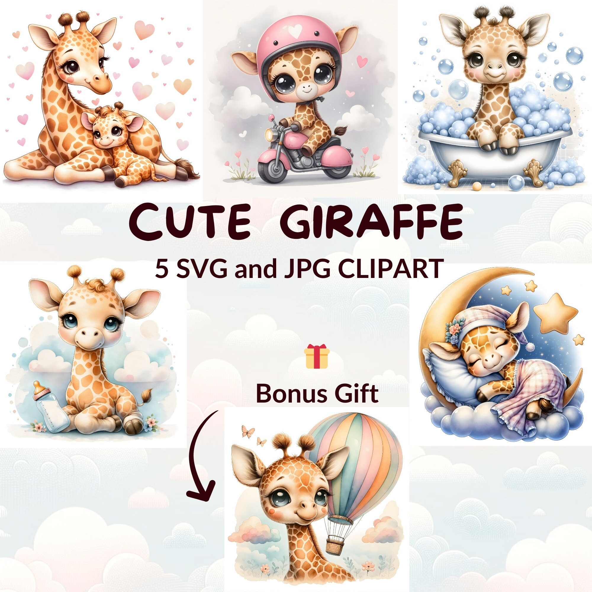 6 Watercolor Giraffe Clipart Bundle, Cute Giraffe SVG, JPG Files ...