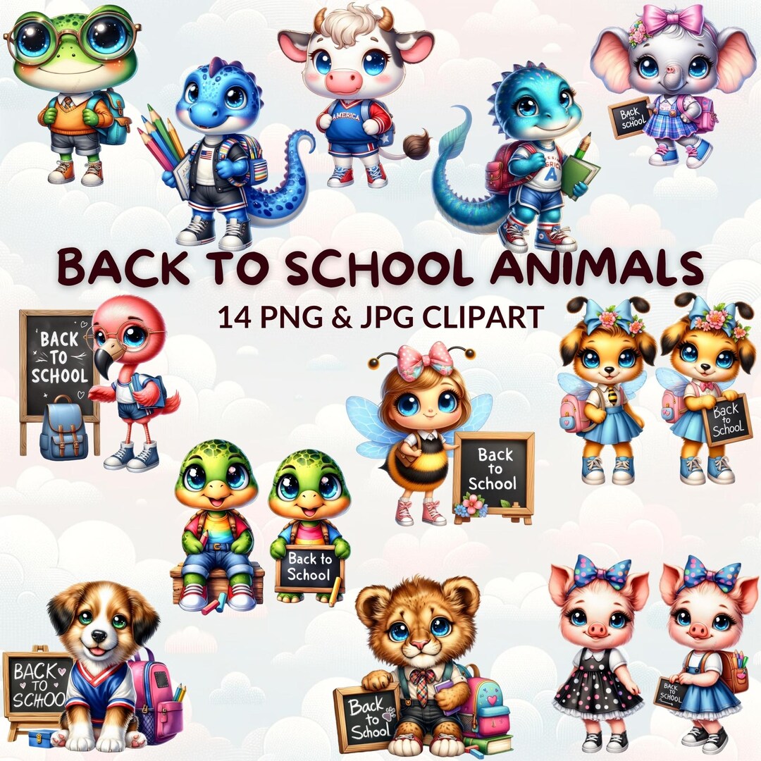 14 Watercolor Cartoon Back to School Animals Clipart Bundle, Cute ...
